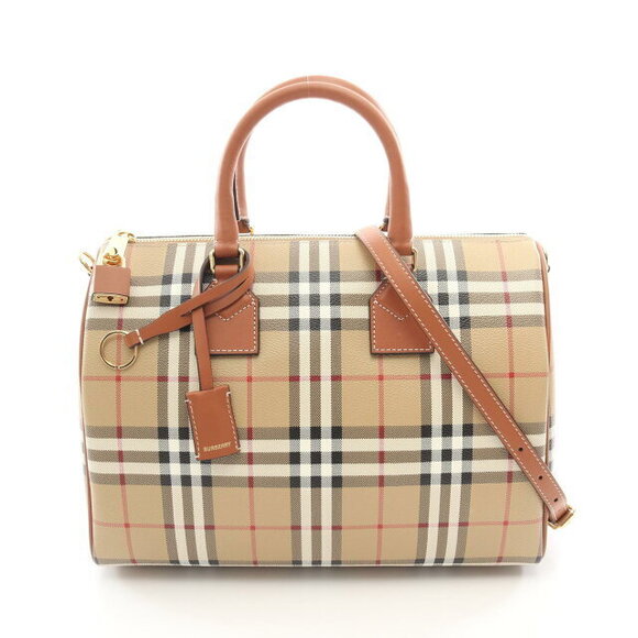 Burberry | Bags | Burberry Check Handbag Leather Canvas Beige Brown ...